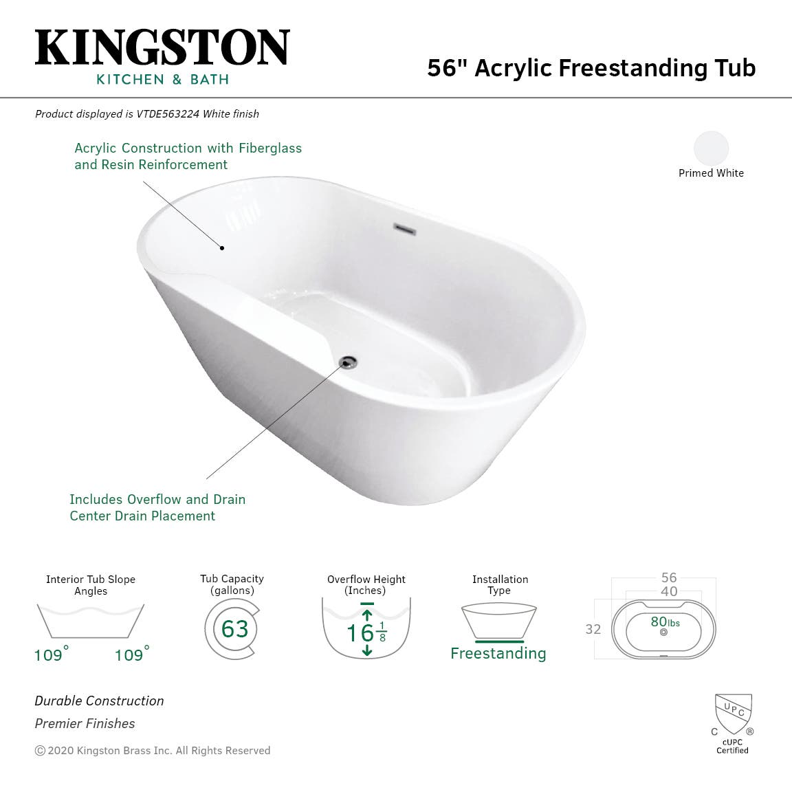 Aqua Eden VTDE563224 56-Inch Acrylic Freestanding Tub with Drain | BNGBath